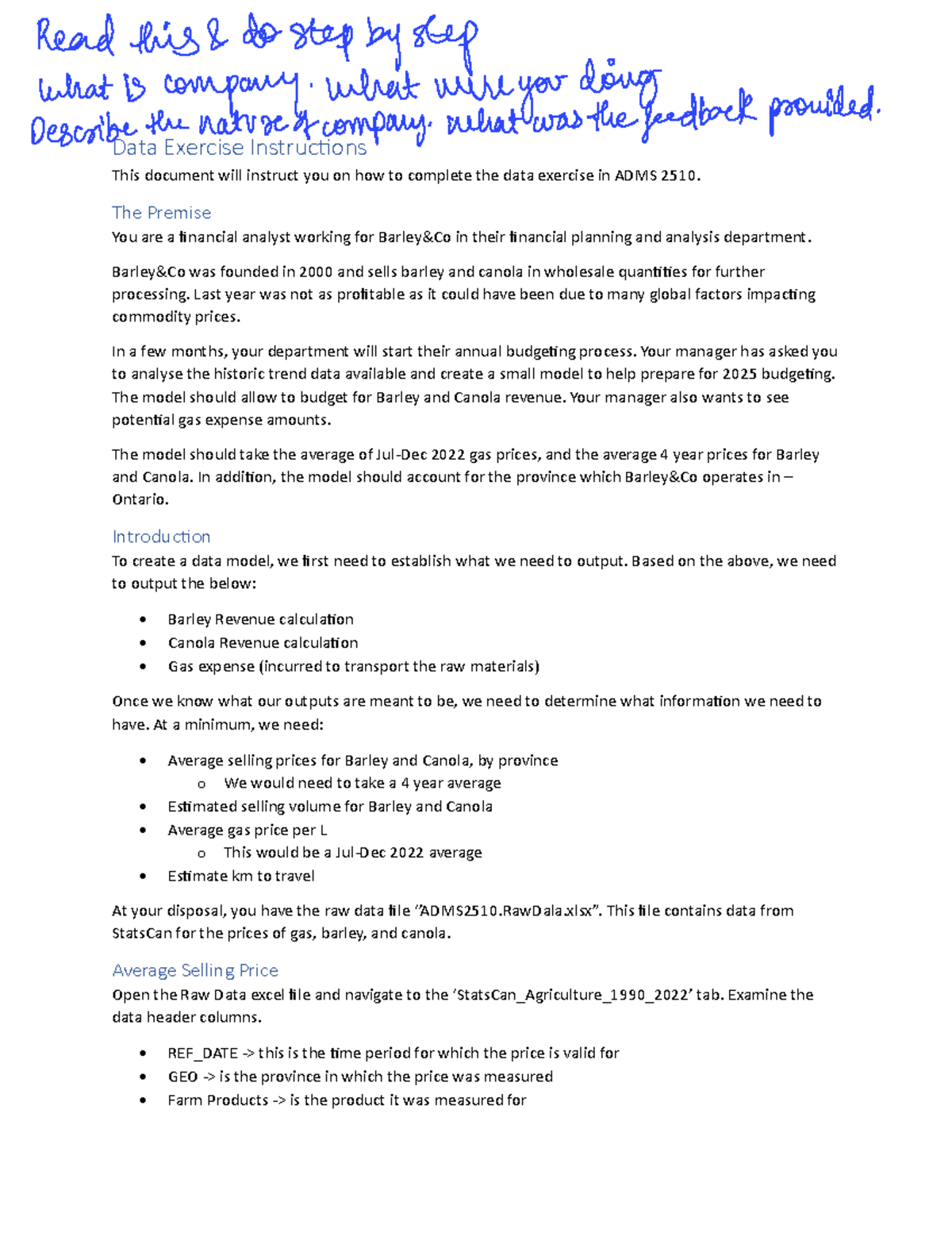 ADMS 2510 Data Exercise Instructions for Budgeting Model - Studocu
