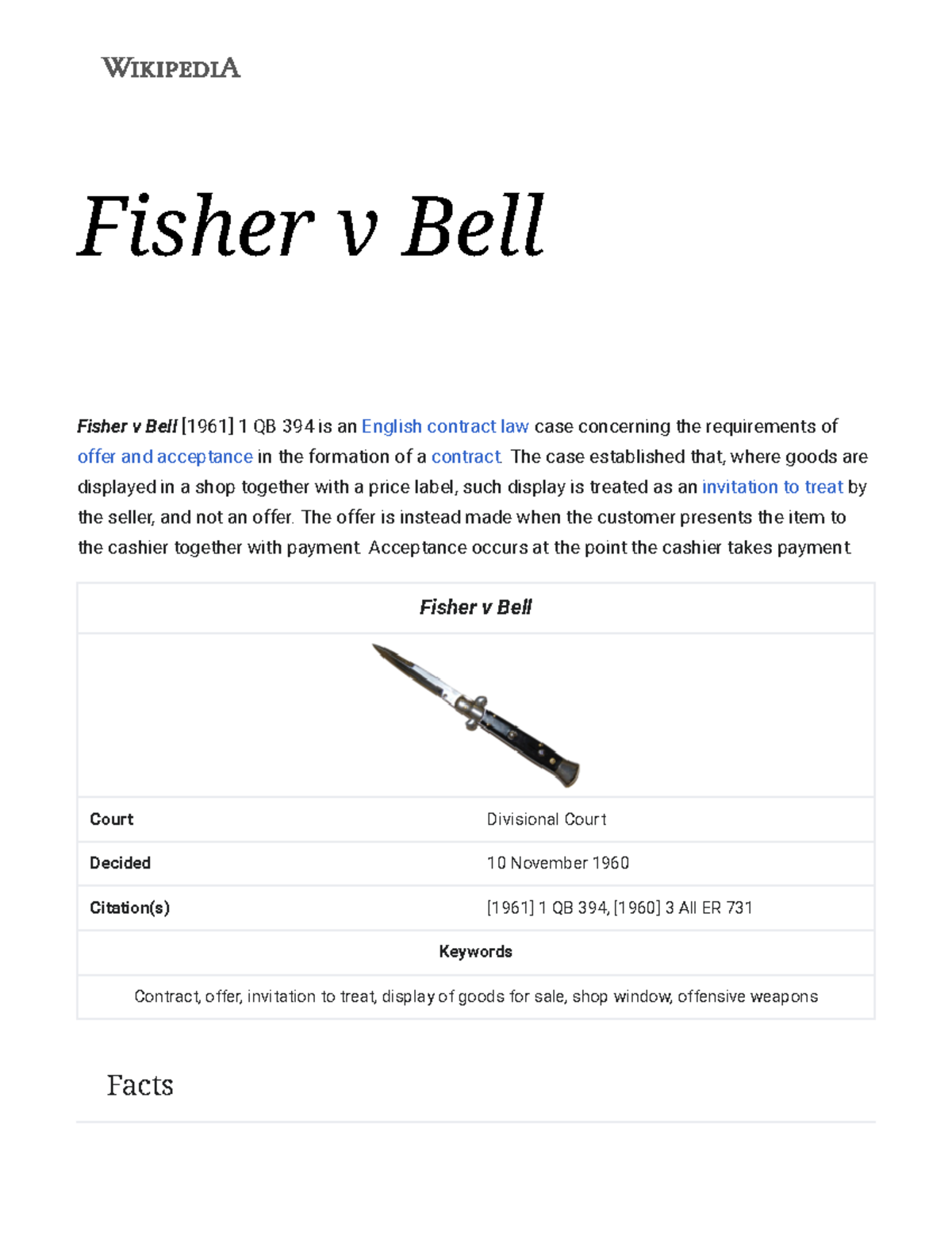 Fisher v Bell Case Study - Contract Law on Offers & Acceptance - Studocu