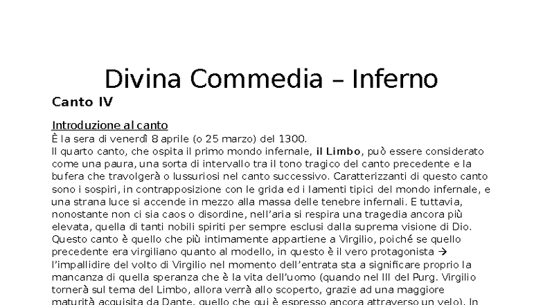 Divina Commedia: Inferno Canto IV - Il Limbo e la Speranza - Studocu