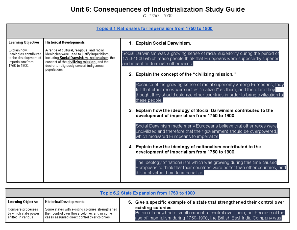 AP World History - Unit 6: Impacts of Industrialization Study Guide ...