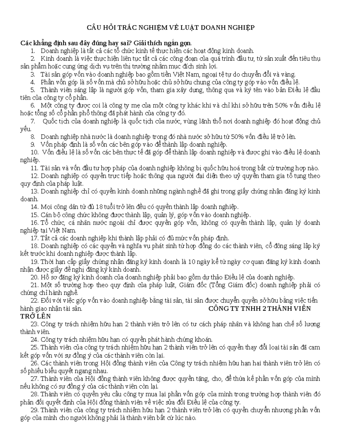 100 câu đúng sai - Tóm tắt - CÂU H I TR C NGHI M V LU T DOANH NGHI ...