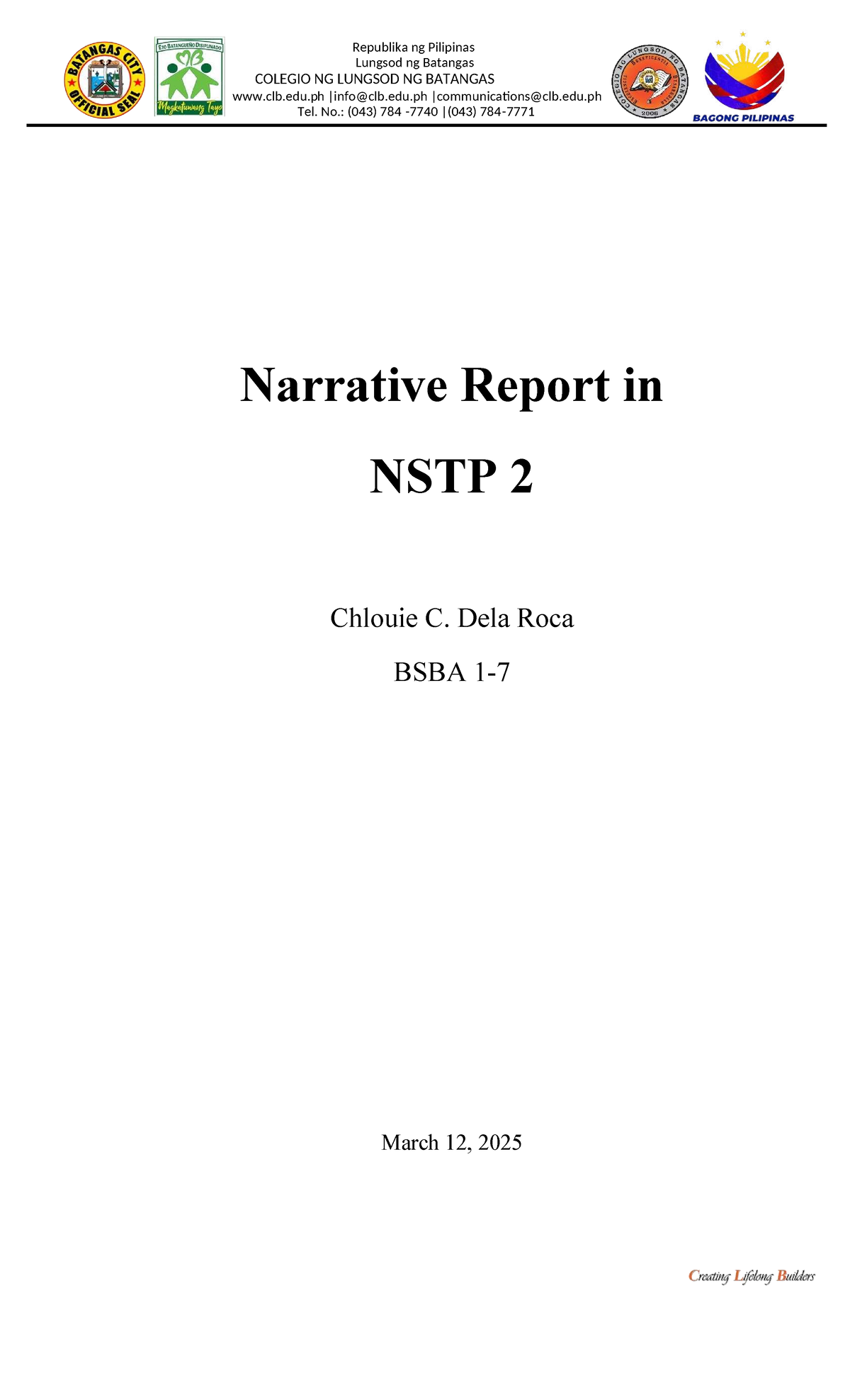NSTP 2 Narrative Report: Community Service in Barangay Cuta by Dela ...