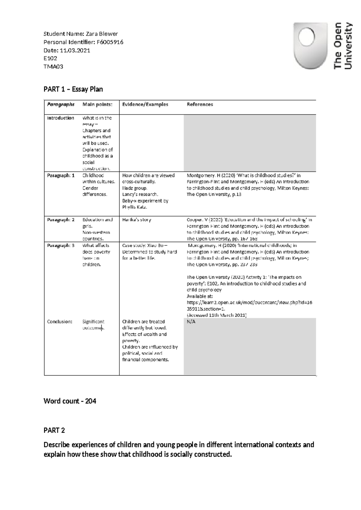 E102 TMA03: Essay Plan on Childhood as a Social Construction - Studocu