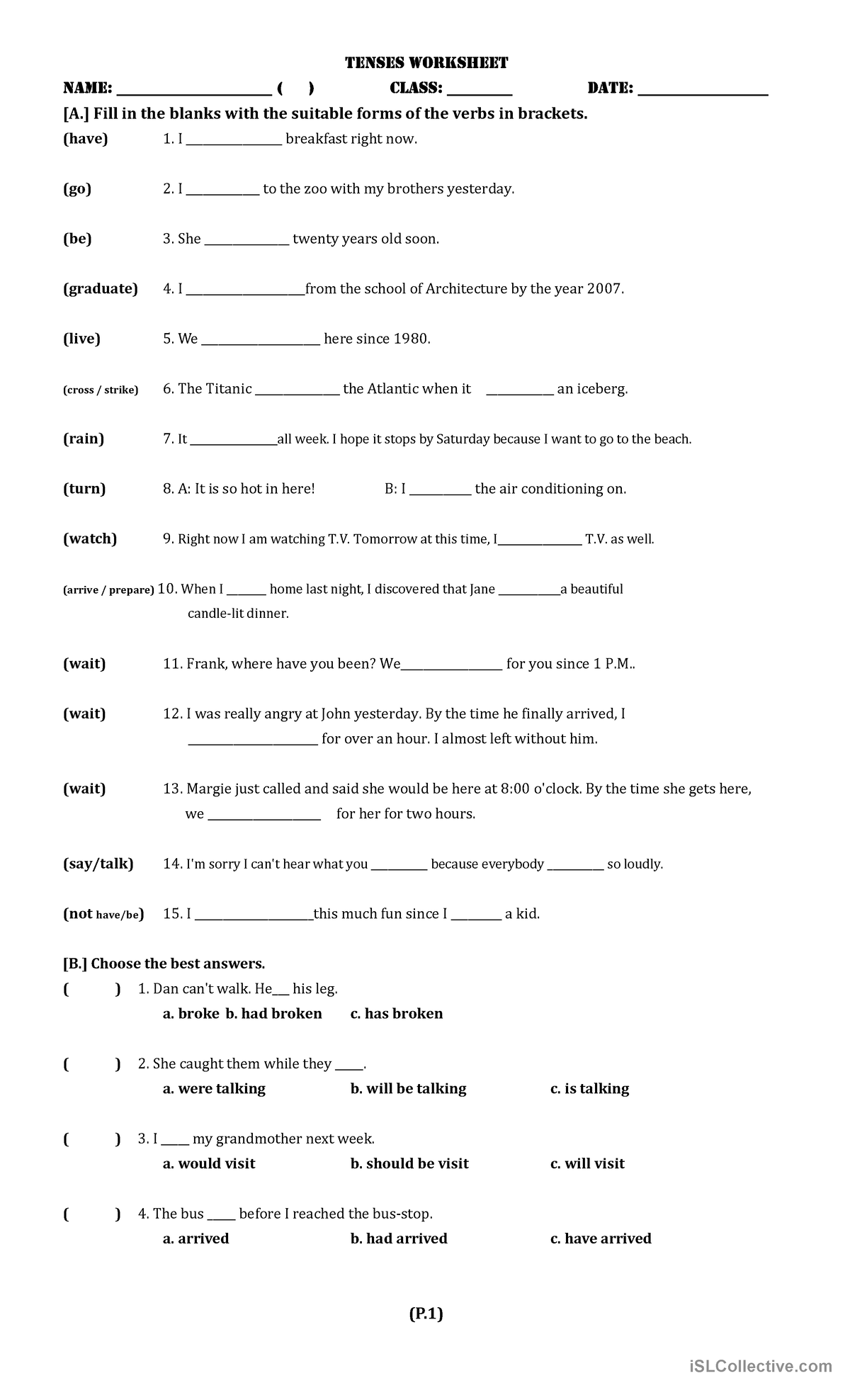 Tenses Worksheet (ENG101) - Fill in the Blanks Exercise - Studocu
