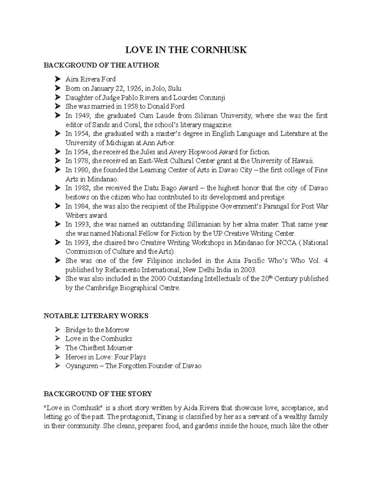 LOVE IN THE CORNHUSK: A Study of Aida Rivera Ford's Short Story - Studocu