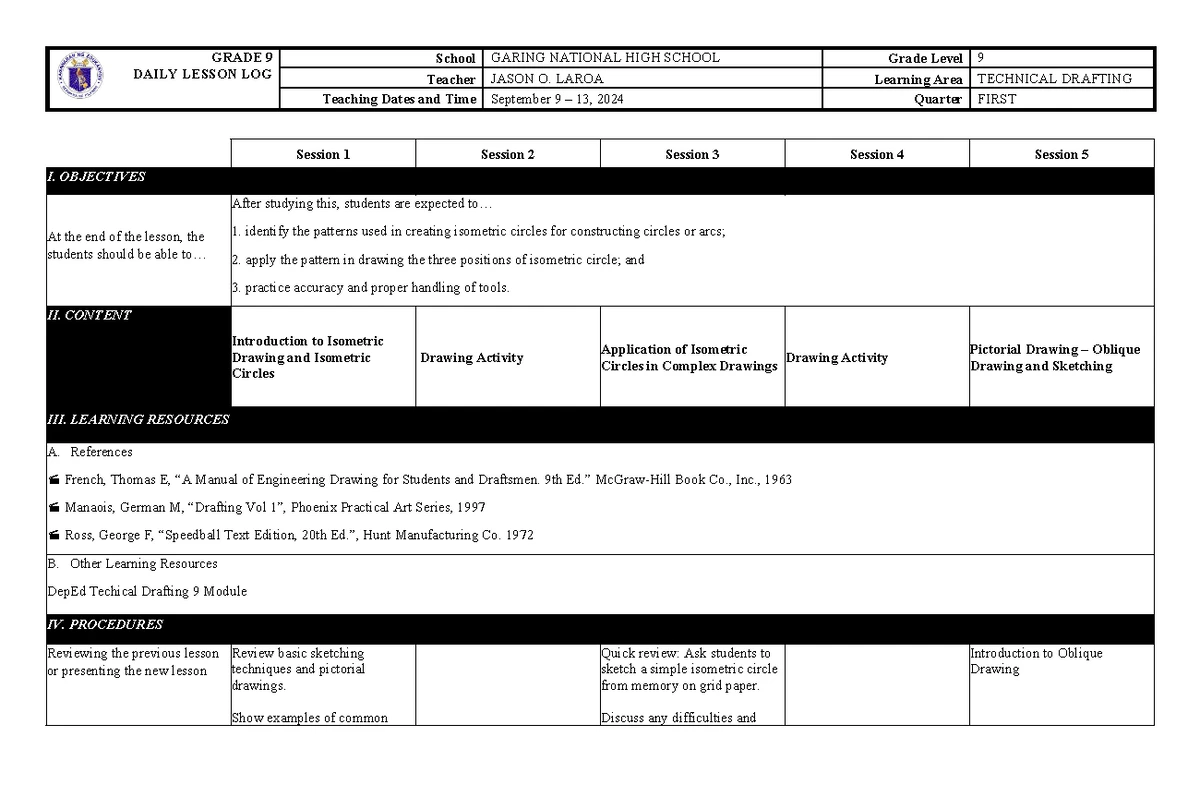 GRADE 9 TECHNICAL DRAFTING DAILY LESSON LOG Q1 W8 - Studocu
