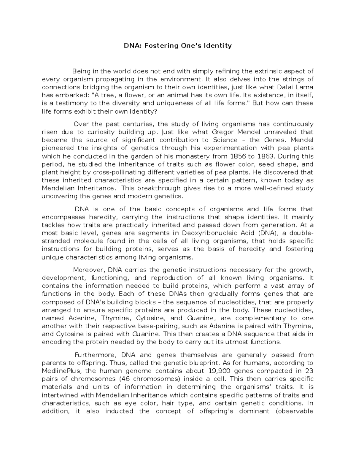 Science Article - Essay - DNA: Fostering One’s Identity Being in the ...