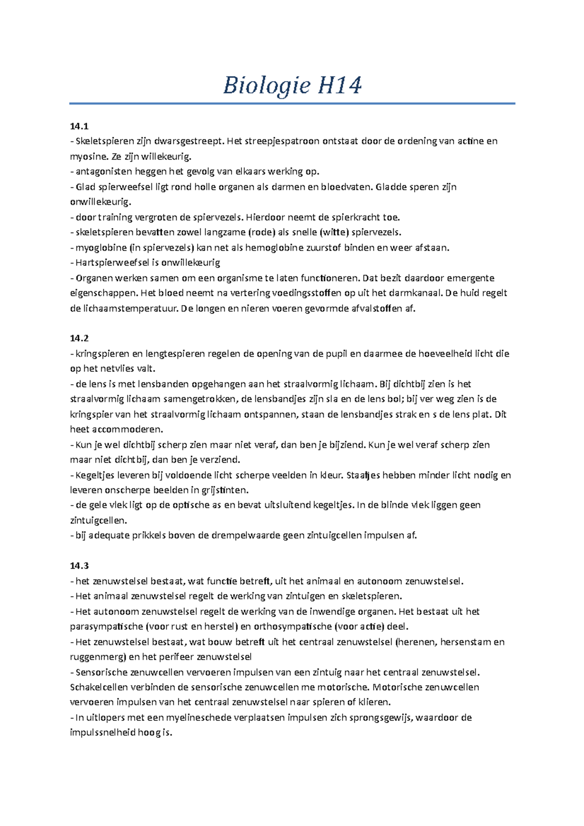 Biologie H Hoofdstuk 14: Spieren, Zenuwstelsel & Regulatie - Studeersnel