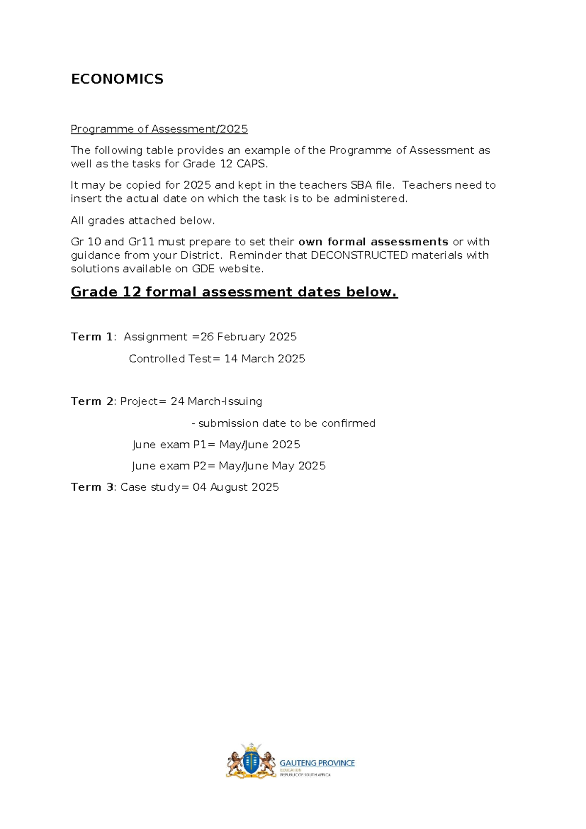 Economics POA 2025: Grade 12 Assessment Schedule and Guidelines - Studocu