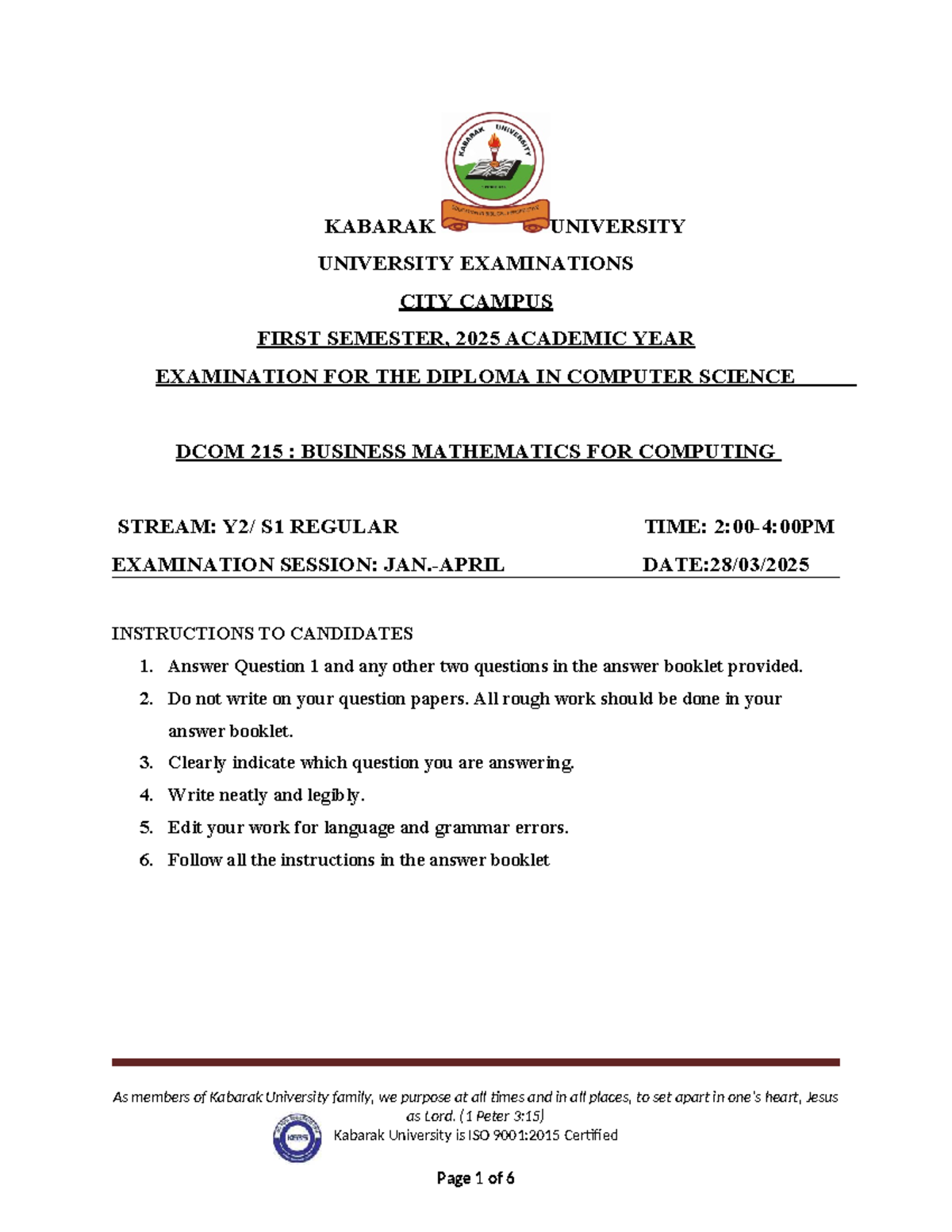 DCOM 215: Business Mathematics Exam - Kabarak University, 2025 - Studocu