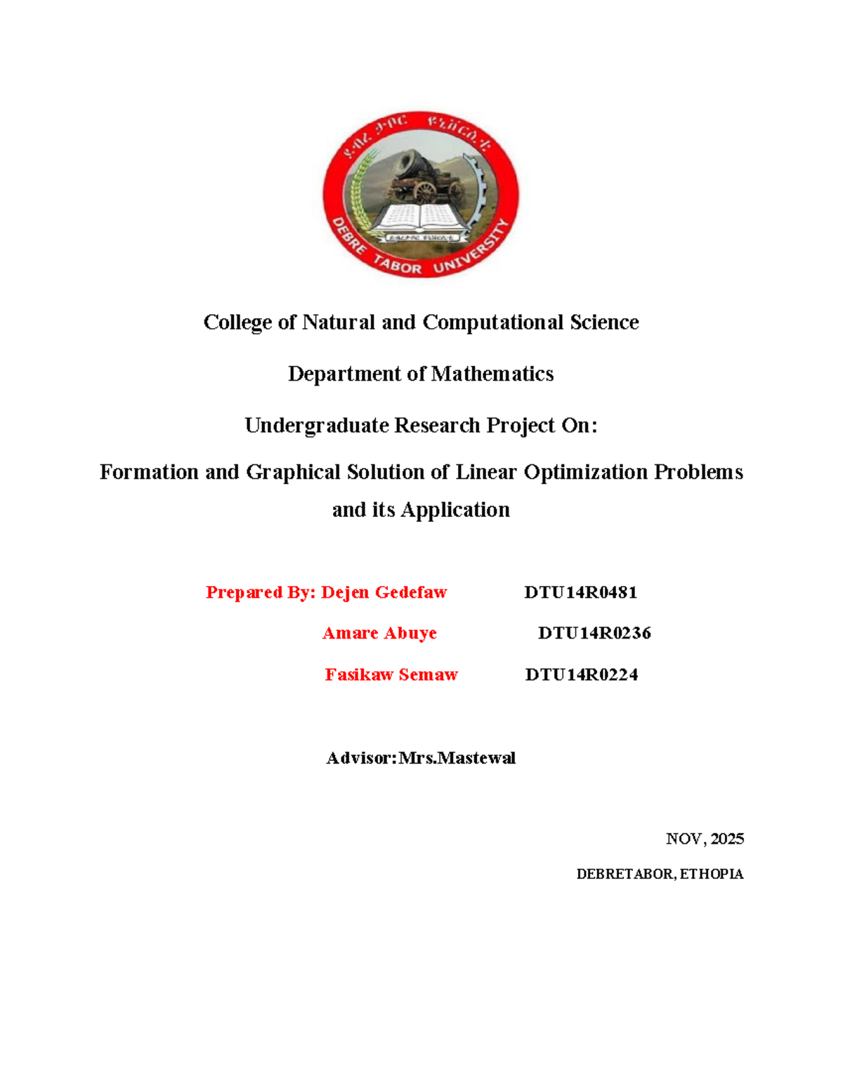 Mathematics Research Project: Linear Optimization Problems (MATH 101 ...