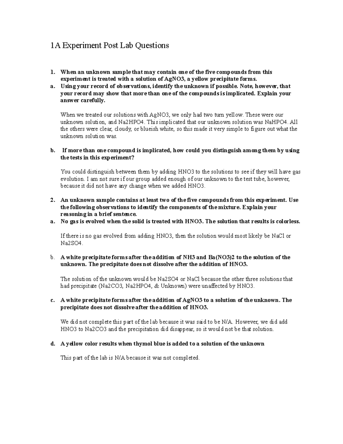 1A Experiment Post Lab Analysis and Identification Questions - Studocu