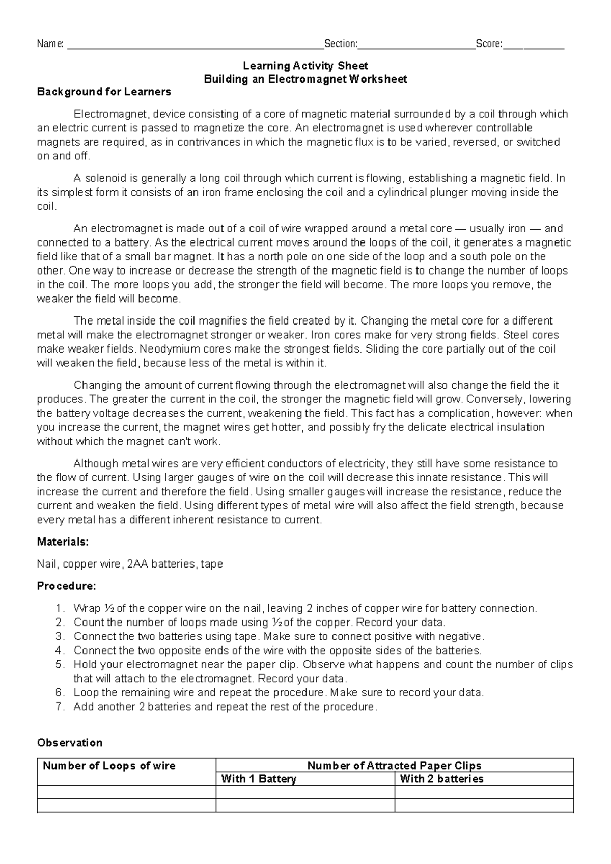 Electromagnet Activity Sheet: Building and Observing Electromagnets ...