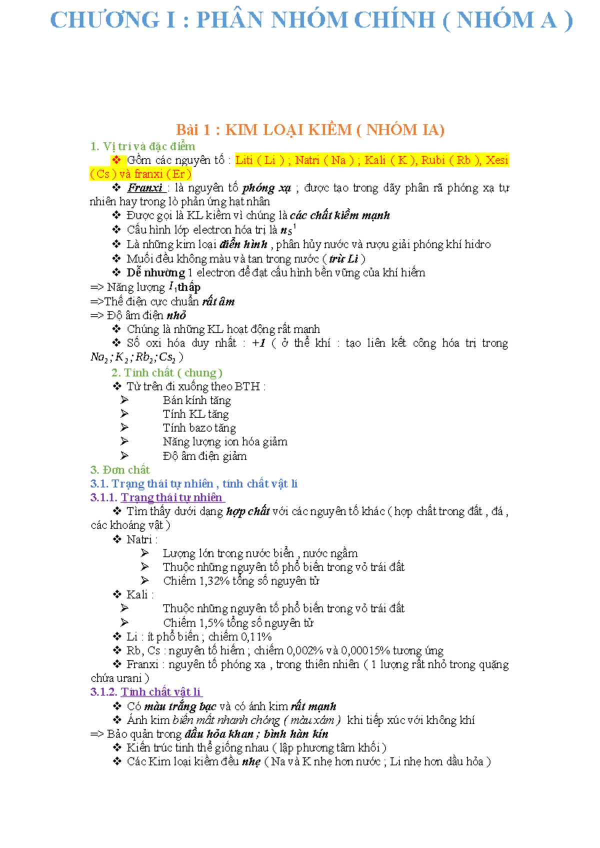 Chương 1 Các nguyên tố nhóm chính - Bài 1 : KIM LOẠI KIỀM ( NHÓM IA) Vị ...