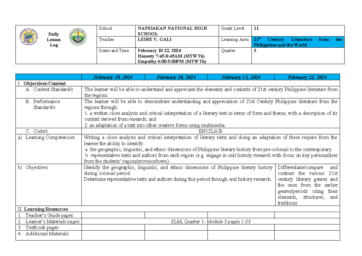 DLL-21st Century Literature Lesson Log (Feb 19-22, 2024) - Studocu