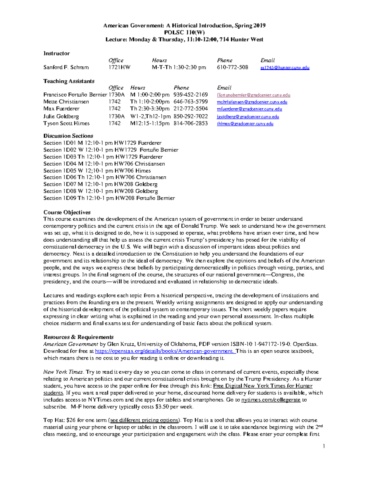 POLSC 110(W) American Government Spring 2019 Course Syllabus - Studocu