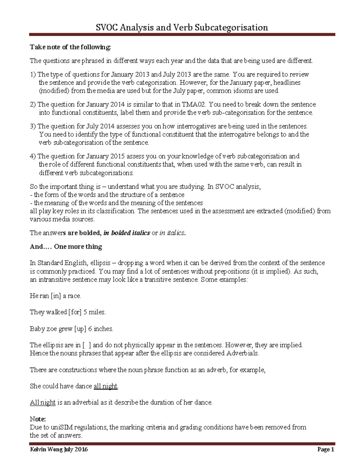 9c Svoca-3 - Lecture notes 6 - SVOC Analysis and Verb Subcategorisation ...