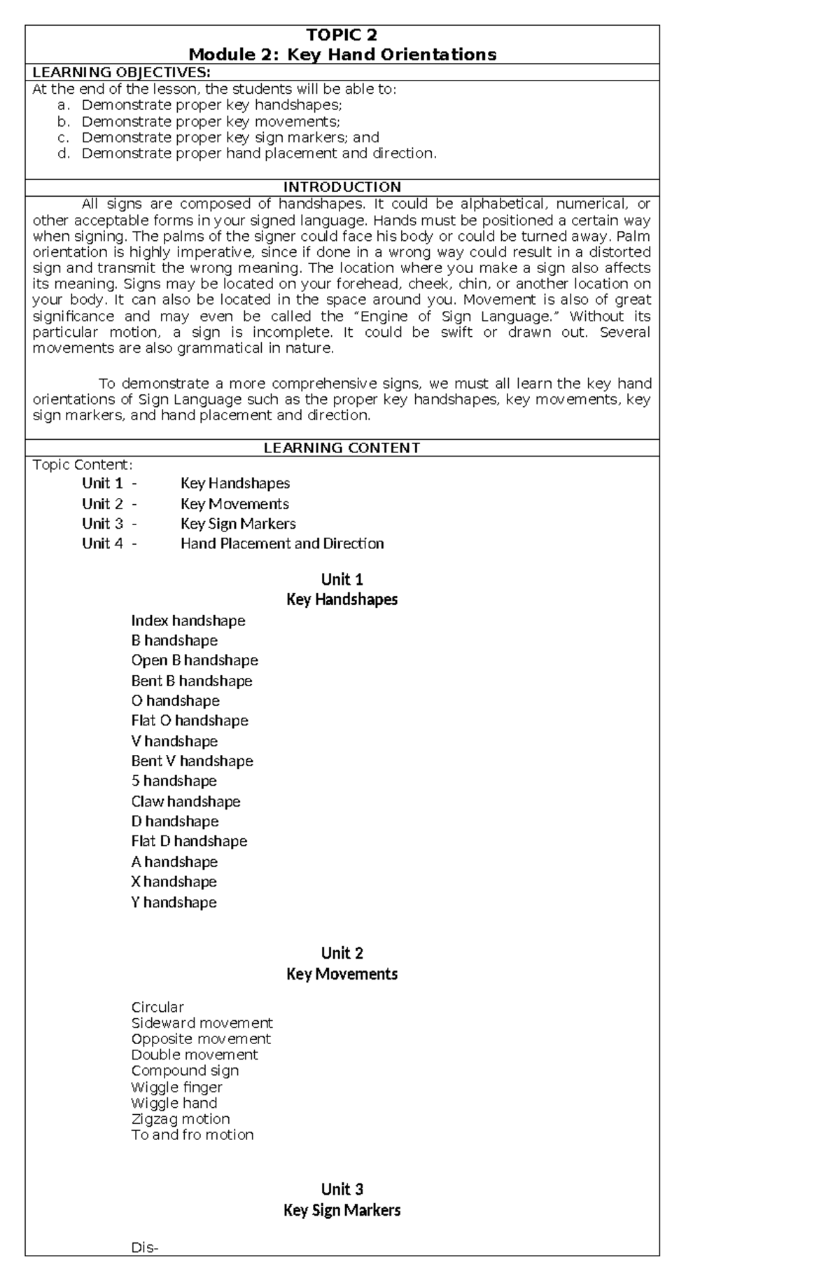 BSL Midterm - Key Hand Orientations and Fundamental Signs - Studocu