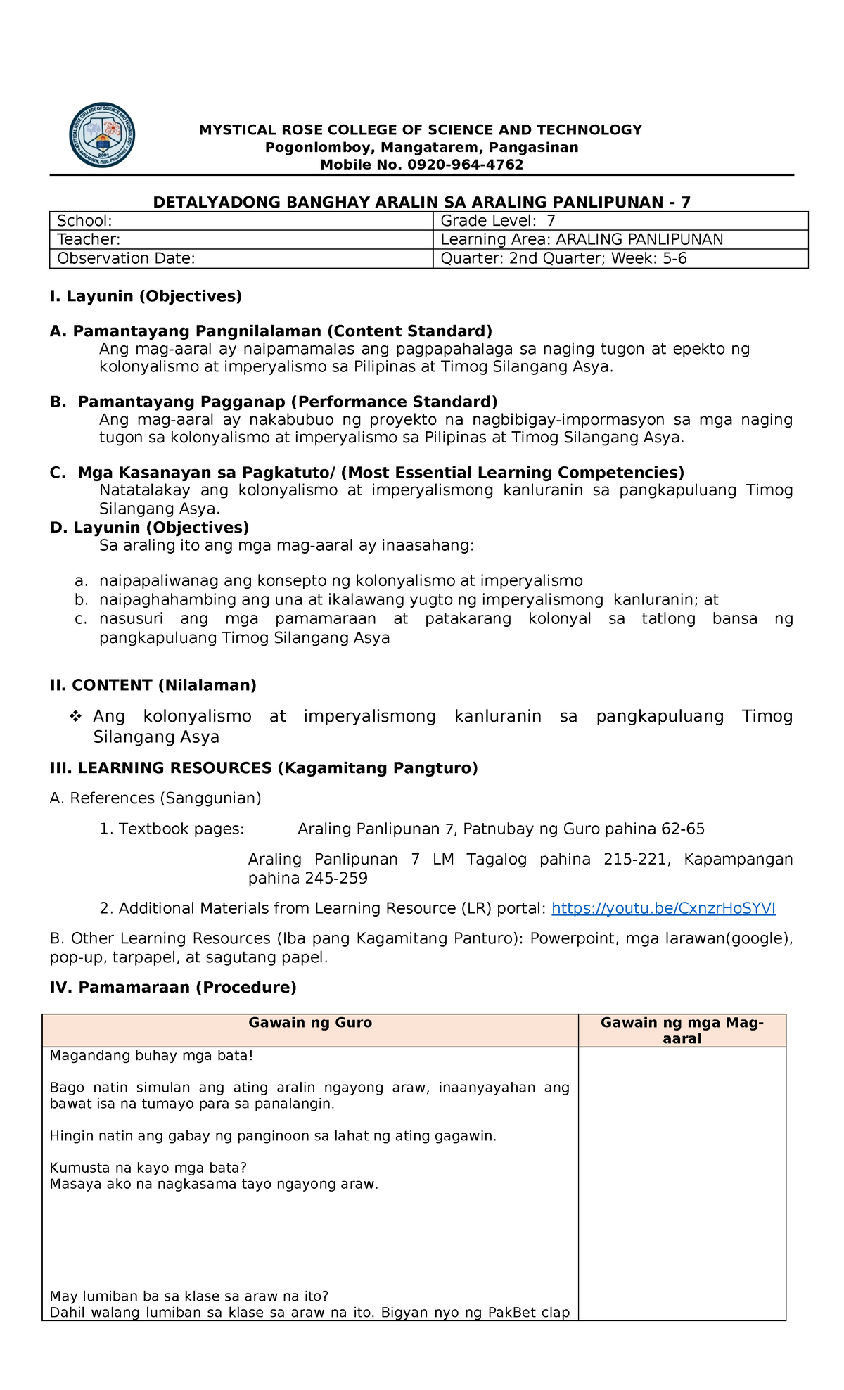 DLP-Sample 122139 - Detailed Lesson Plan for Araling Panlipunan 7 - Studocu