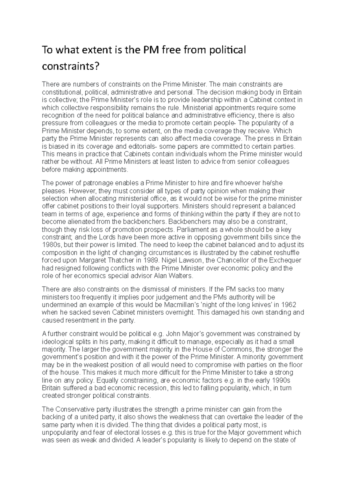 Political Constraints on Prime Ministers: An In-Depth Analysis - Studocu