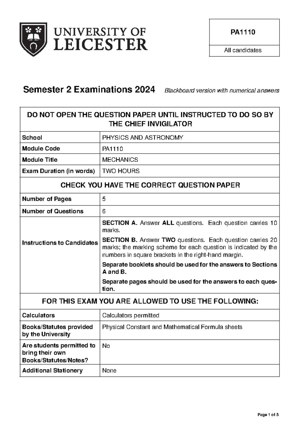 PA1120 & PA1130 Semester 2 Exam 2024: Mechanics & Light and Matter ...