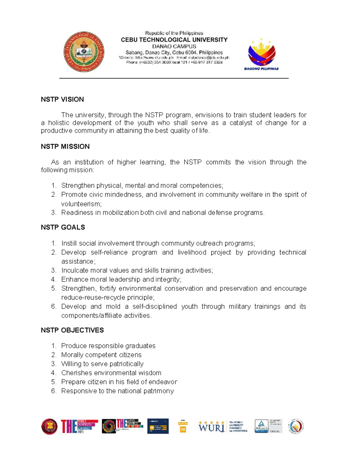 06NSTP-VMGO: Vision, Mission, Goals, and Objectives Overview - Studocu