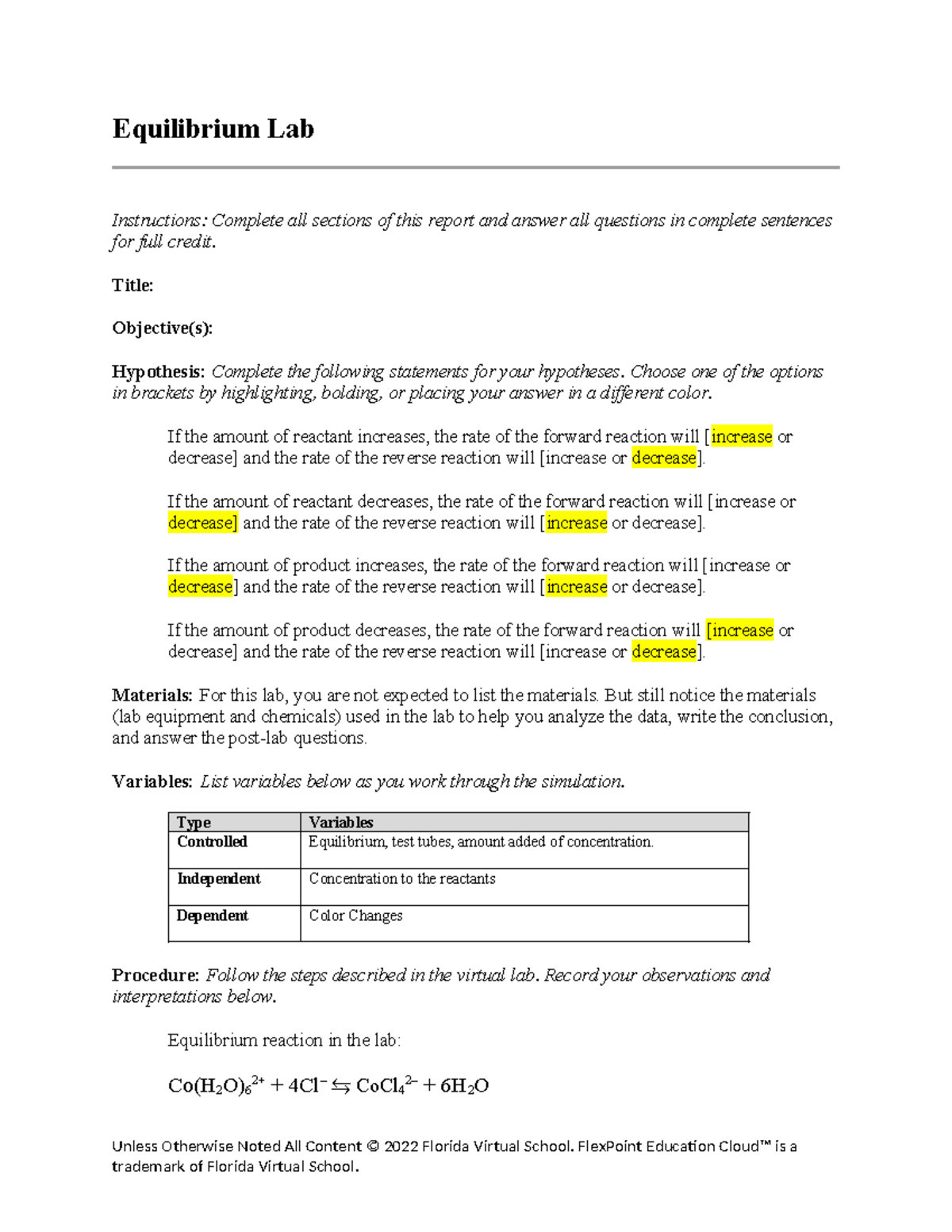 Equilibrium Lab (Chem 101): Investigating Reaction Rates and ...