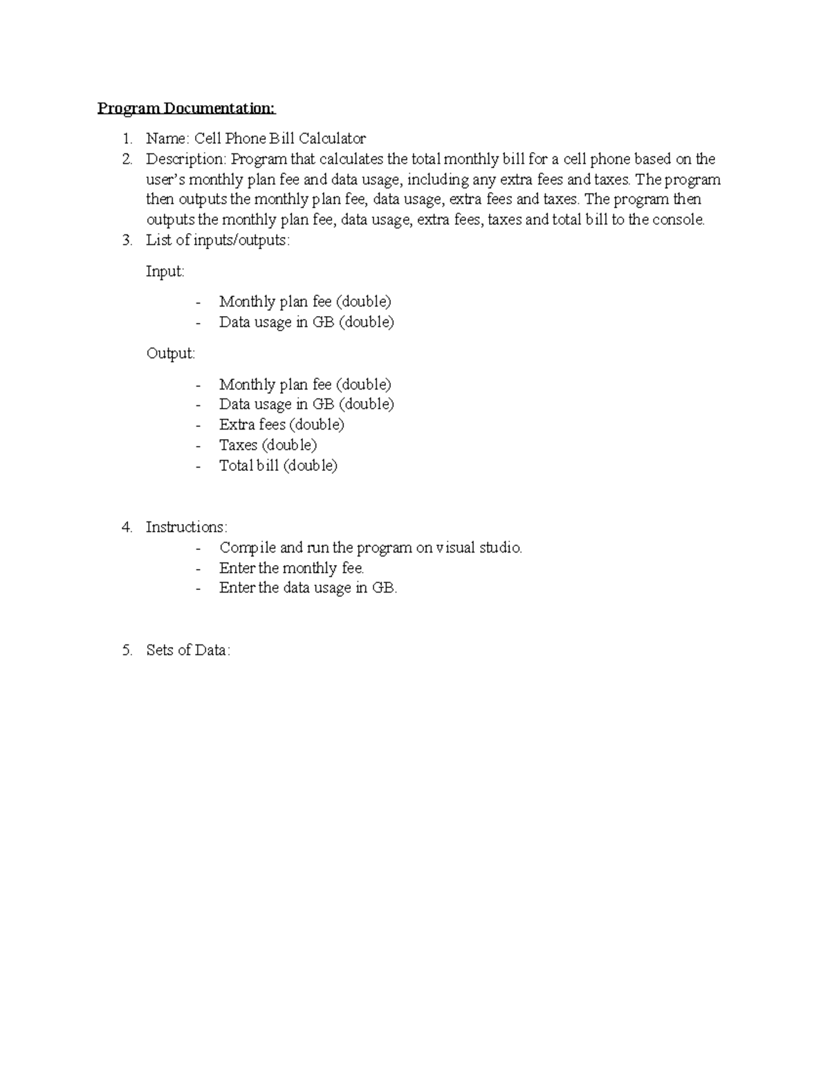 Midterm project C++ - Program Documentation: Name: Cell Phone Bill ...