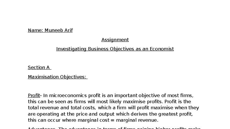 Micro Economics Assignment: Investigating Business Objectives - Studocu