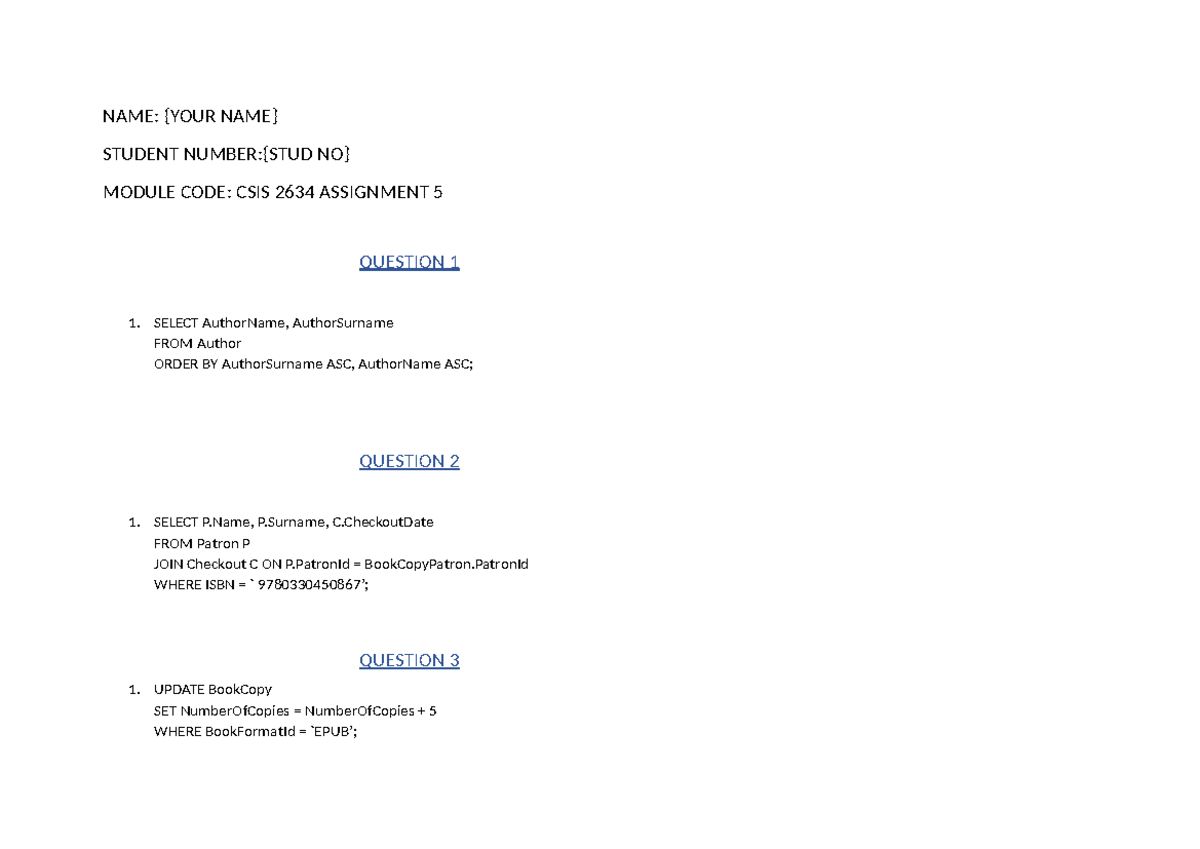 Assignment 5 Solutions for CSIS 2634: SQL Queries and Updates - Studocu