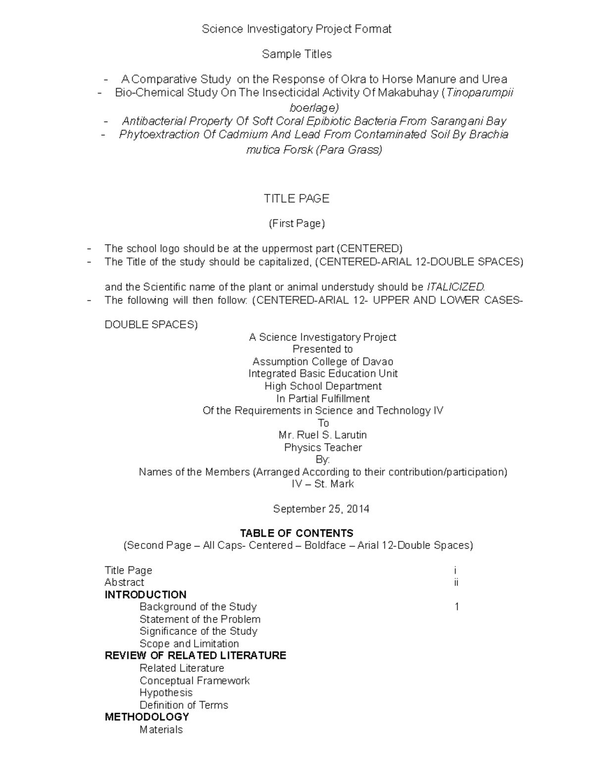 Science Investigatory Project Format: Guidelines and Example Titles ...