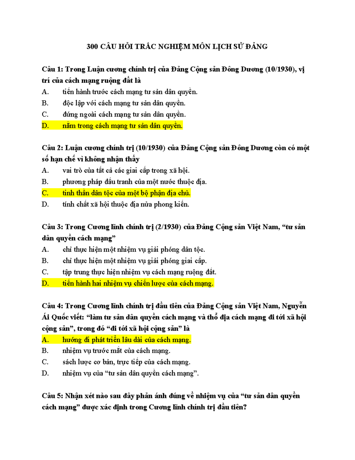 300 CÂU HỎI TRẮC NGHIỆM MÔN LỊCH SỬ ĐẢNG - ÔN TẬP CHO KỲ THI - Studocu