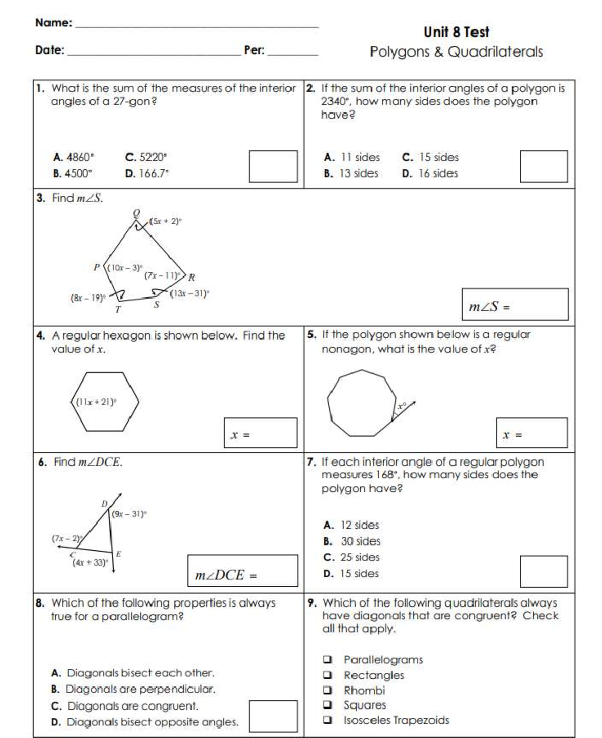 Unit 8 Test: Polygons & Quadrilaterals Review (Math 101) - Studocu