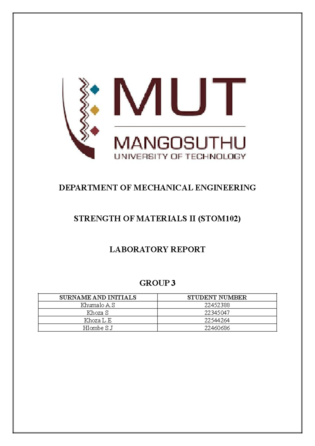 Strength of Materials II (STOM102) Torsion Lab Report - Studocu