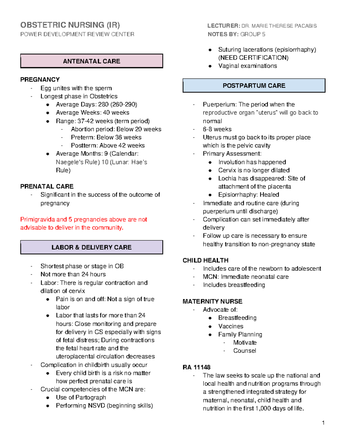 OBSTETRIC NURSING (IR) LECTURE NOTES BY DR. PACABIS: GROUP 5 - Studocu