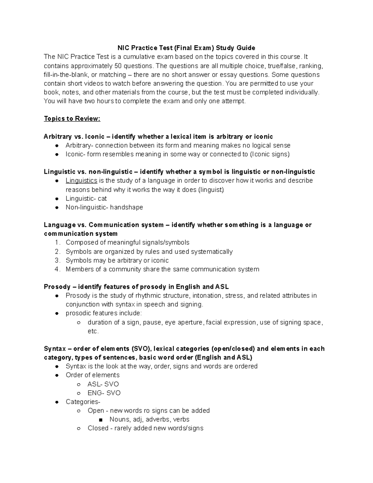 NIC Final Exam Practice Test Study Guide for ASL Linguistics - Studocu