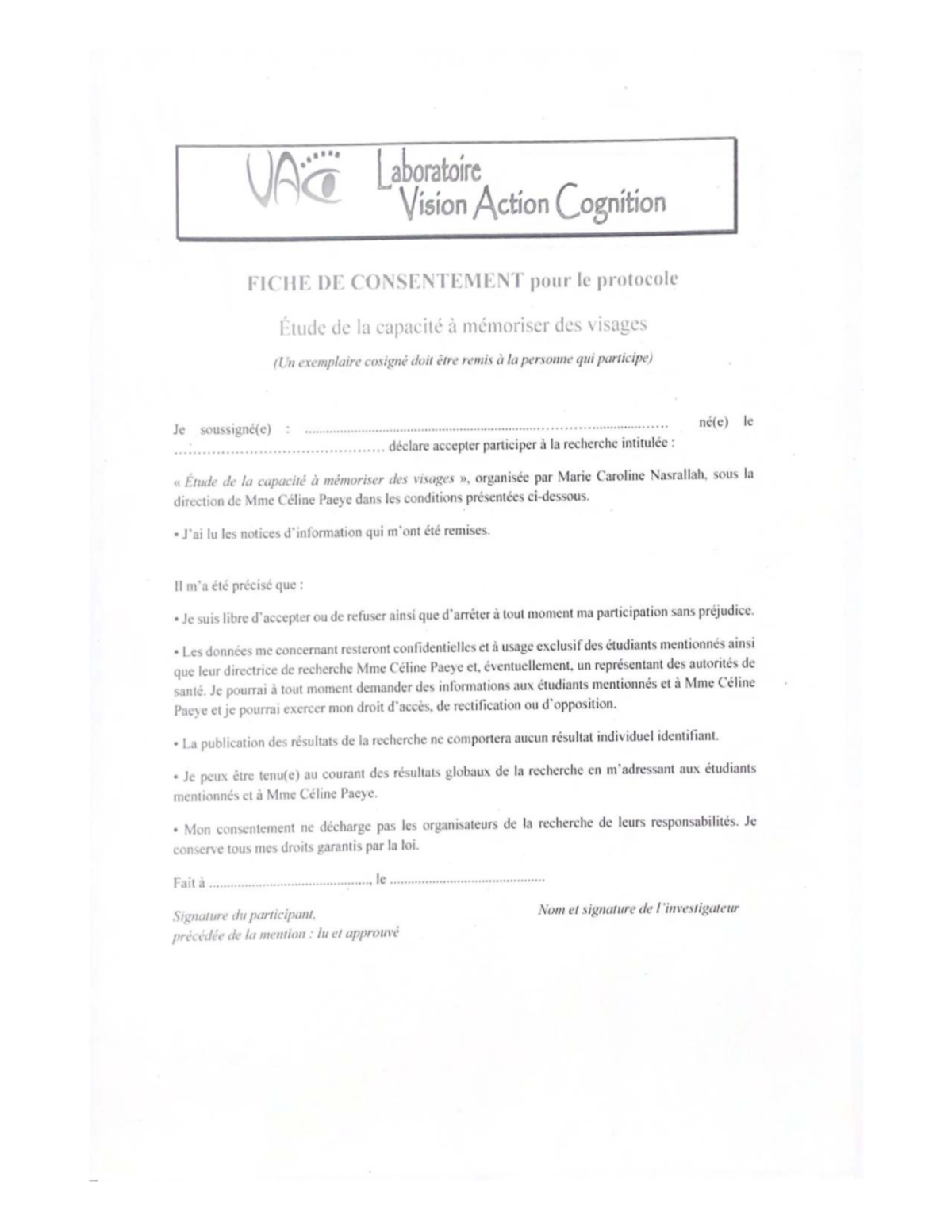 FICHE DE CONSENTEMENT - Étude sur la Mémorisation des Visages - Studocu