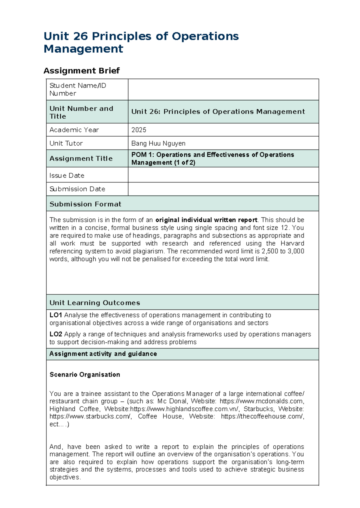 Unit 26 POM Assignment Brief 1: Operations Management Analysis 2025 ...