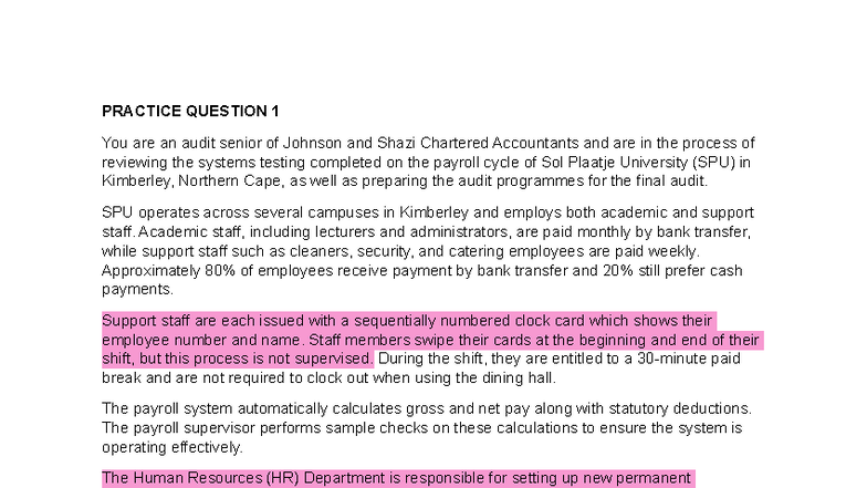 Practice Question 1 Payroll - PRACTICE QUESTION 1 You are an audit ...