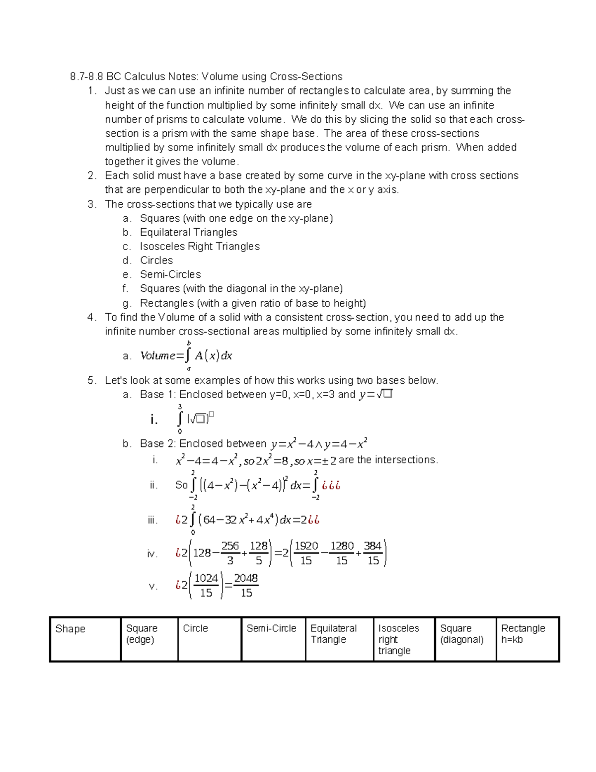 8.7-8.8 BC Calculus Notes: Volume Calculation with Cross-Sections - Studocu