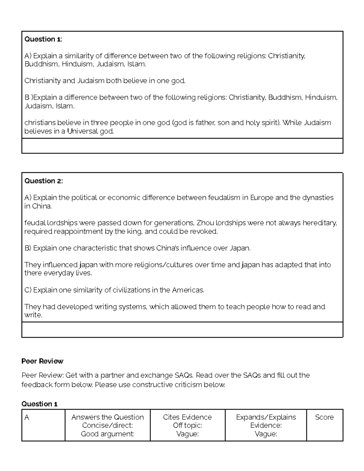 Unit 1 SAQ Practice: Key Comparisons in Religions & Civilizations - Studocu