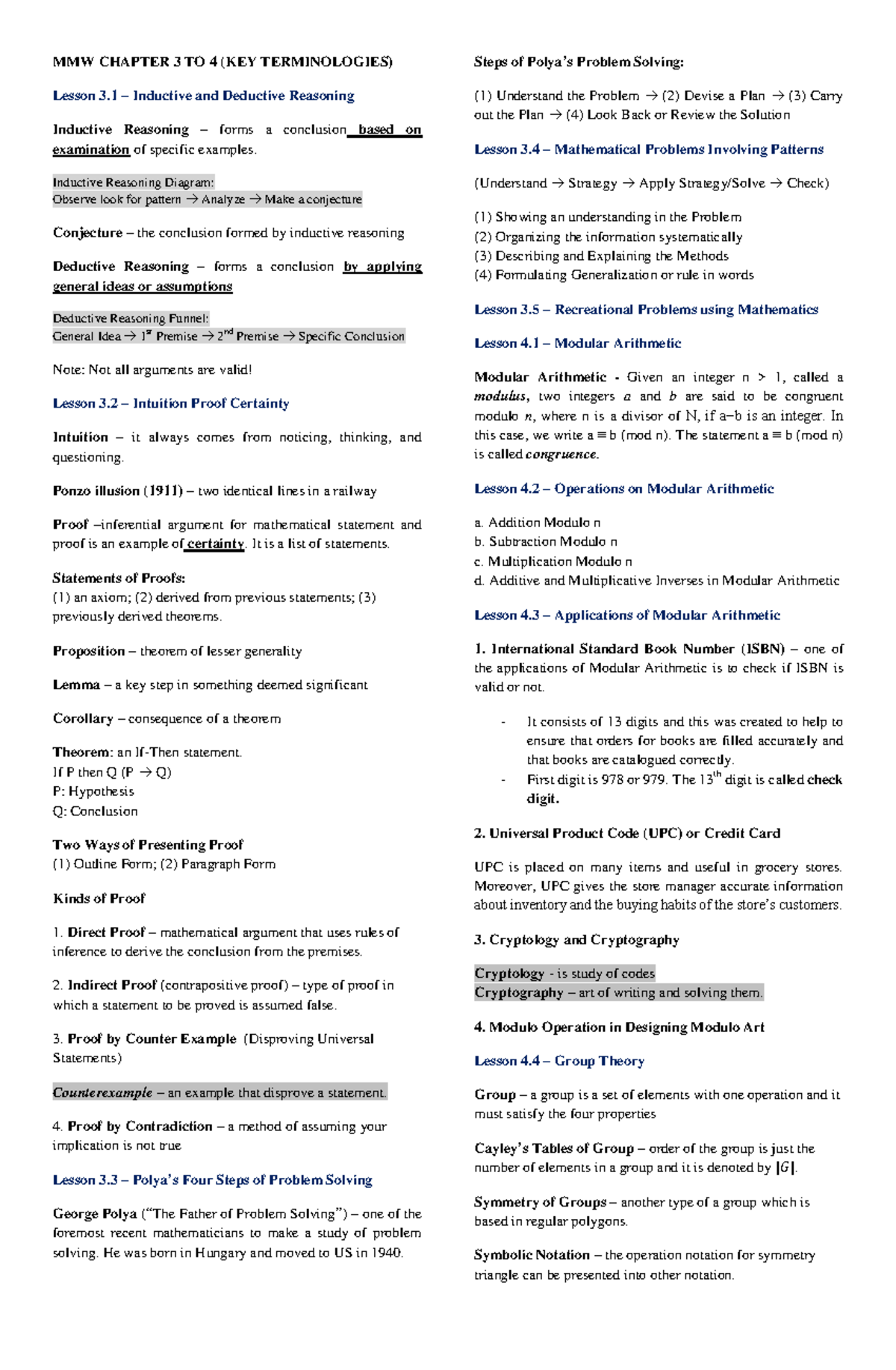 MMW- Reviewer- Sheet - MMW CHAPTER 3 TO 4 (KEY TERMINOLOGIES) Lesson 3 ...