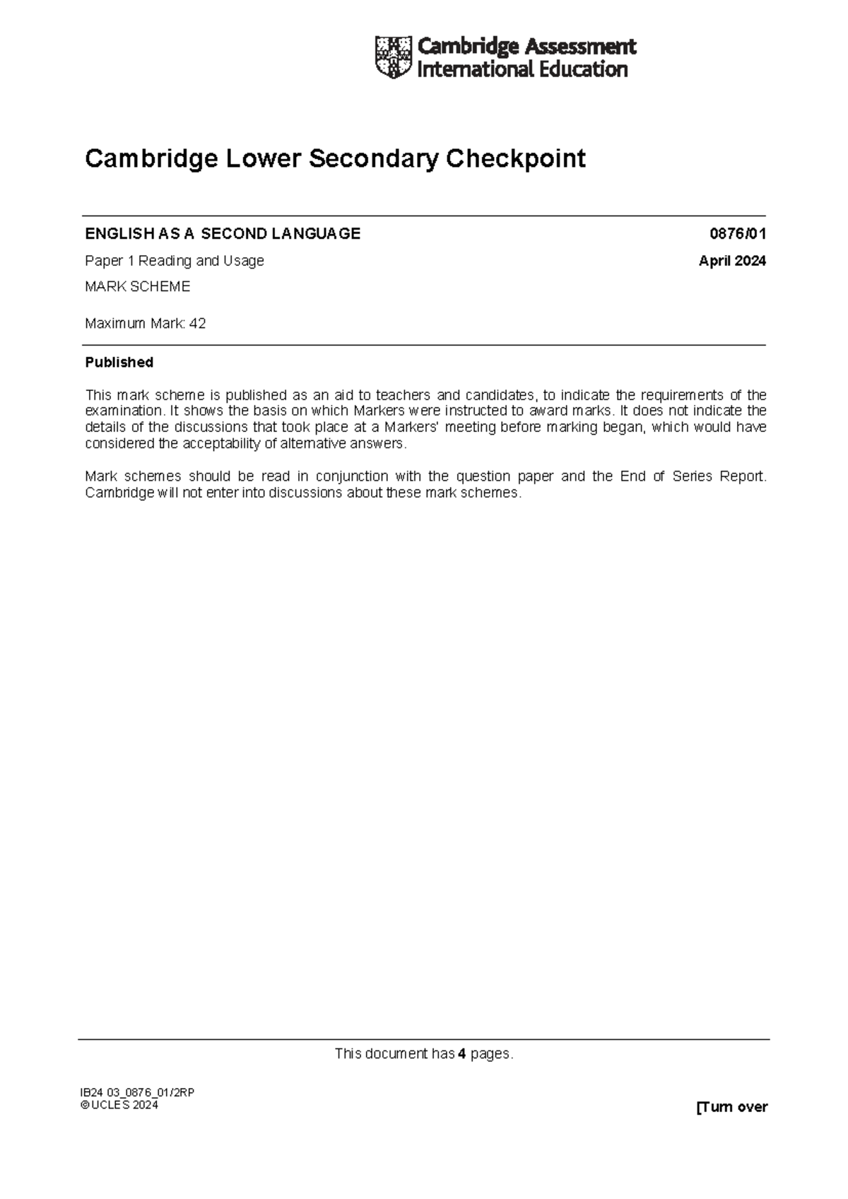 Cambridge Lower Secondary Checkpoint ESL Paper 1 Reading Mark Scheme ...