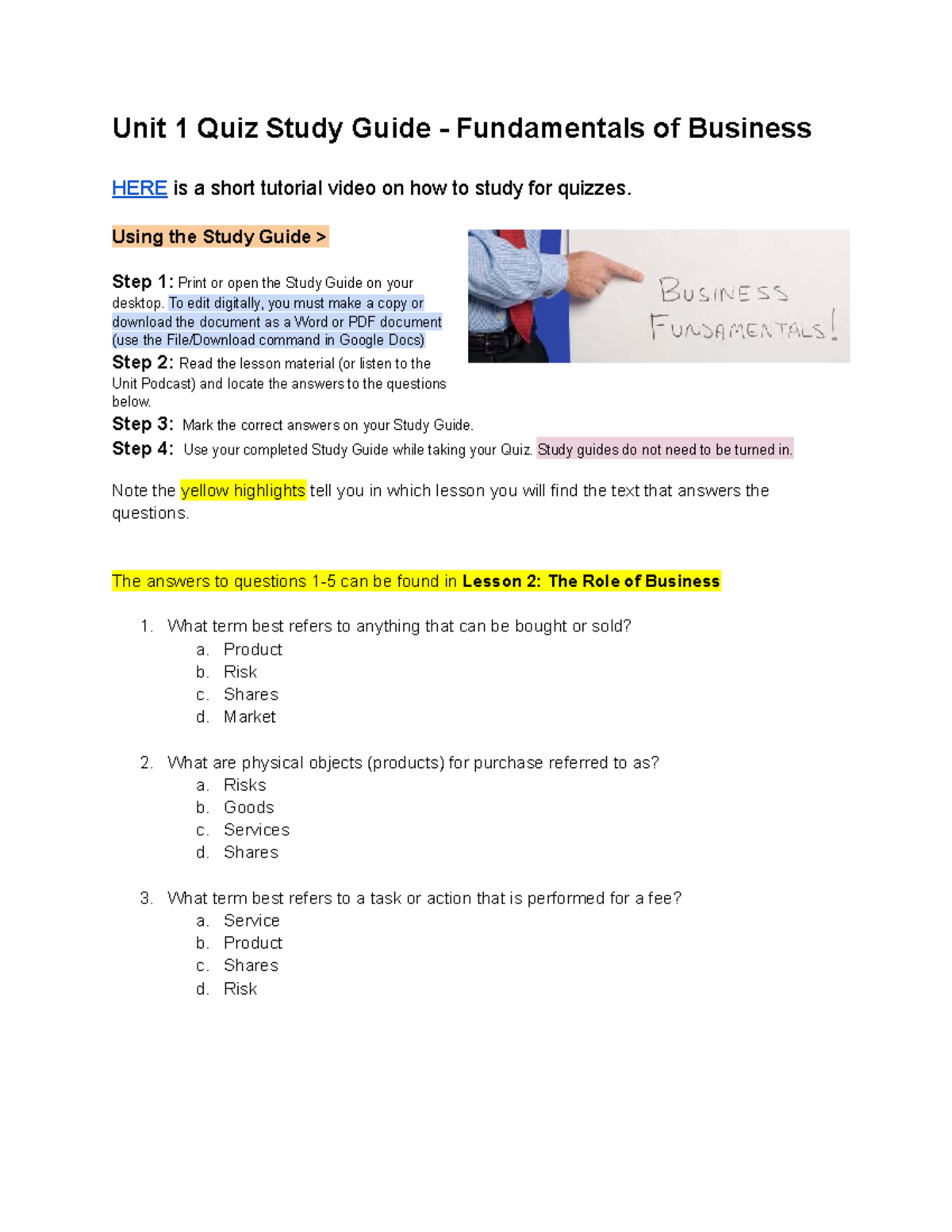 PRINBMF 1A - Unit 1 Quiz Study Guide for Business Fundamentals - Studocu