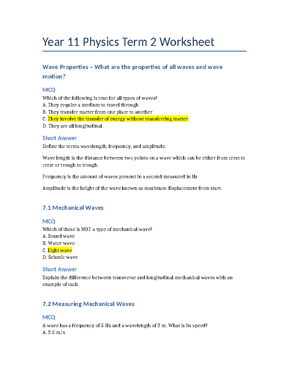 Year 11 Physics T2 Worksheet: Wave Properties & Behavior MCQs - Studocu