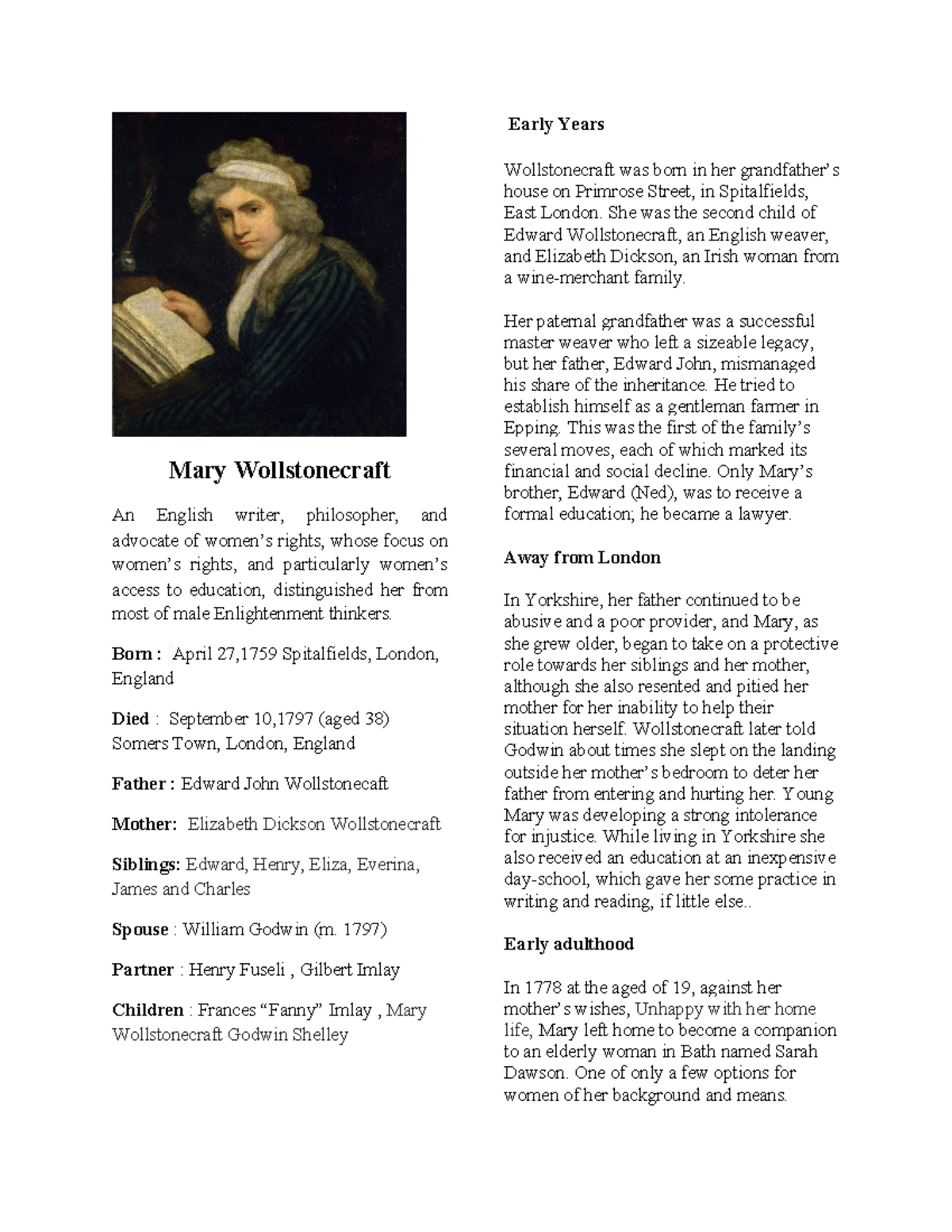 Mary Wollstonecraft: Early Life and Philosophical Insights - Studocu