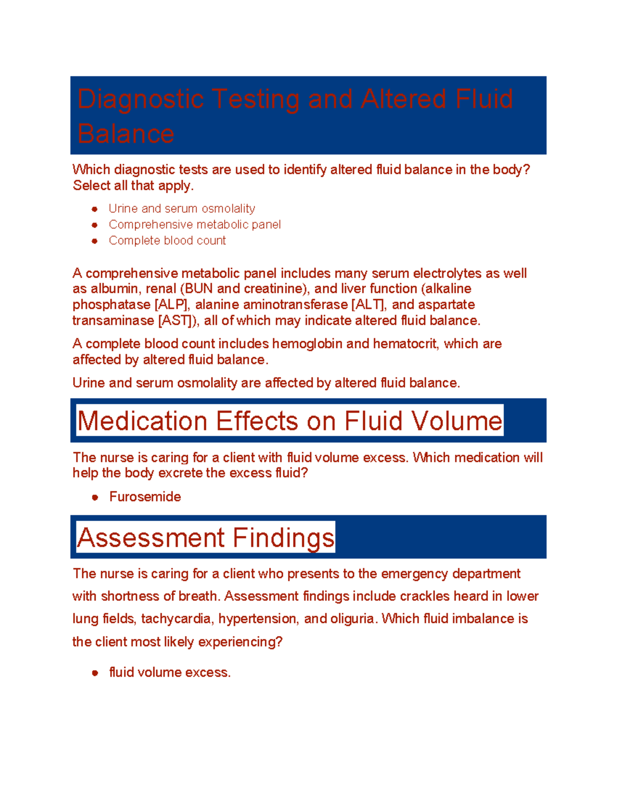 Adult Health 1: Diagnostic Testing & Management of Fluid Balance - Studocu