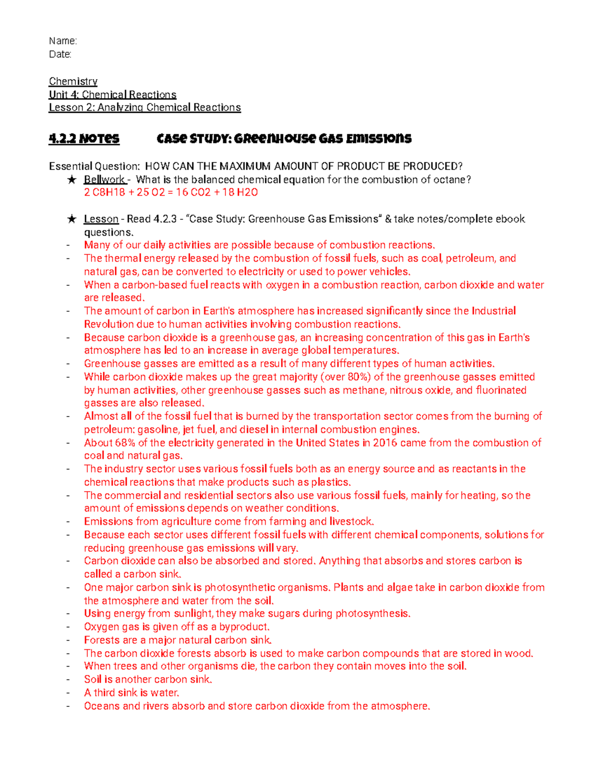 Unit 4 - Lesson 2 - Analyzing Chemical Reactions: Greenhouse Gas Notes ...