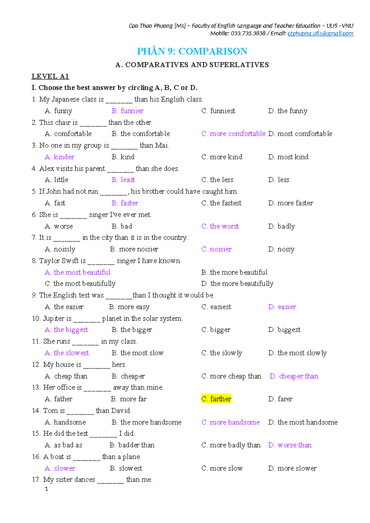 Comparison Exercises for English Level A1 and A2 (Course Code: ENG101 ...