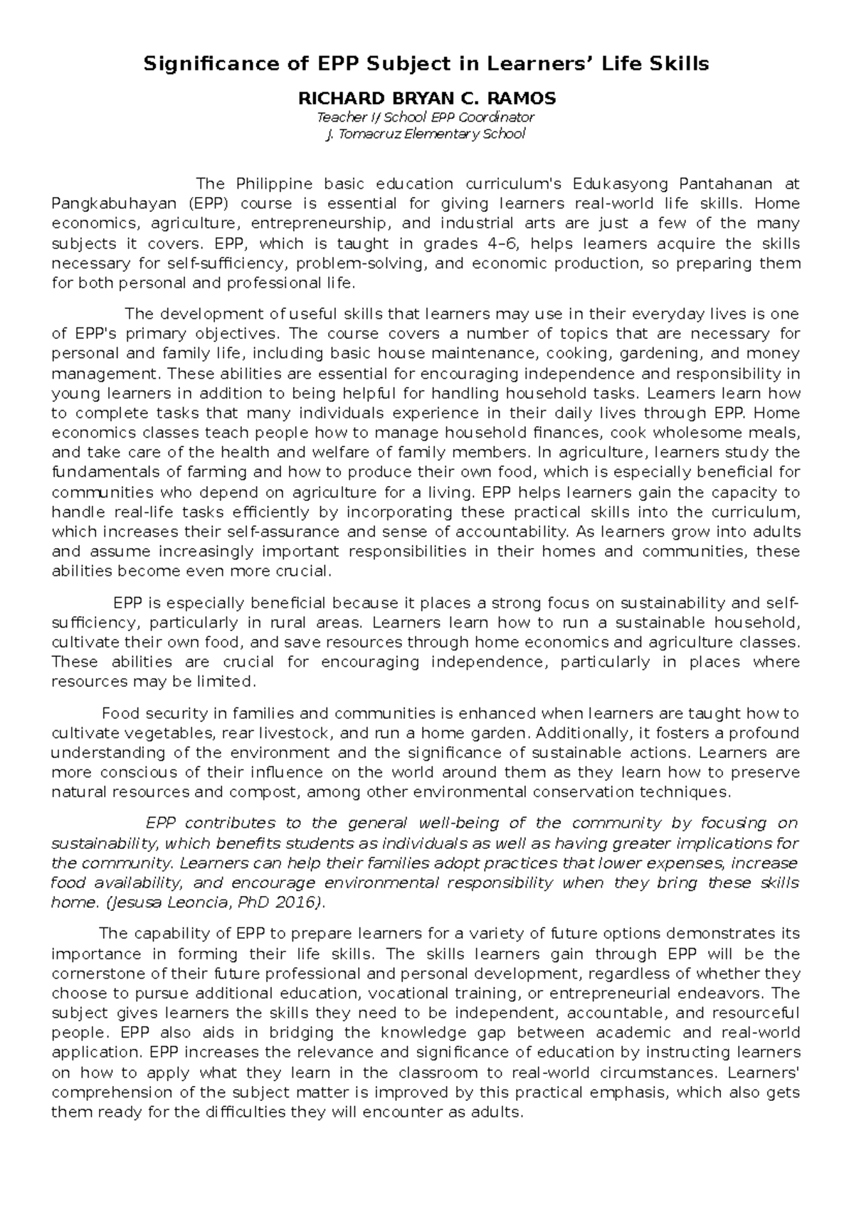 Significance of EPP in Developing Learners' Life Skills: A Study - Studocu